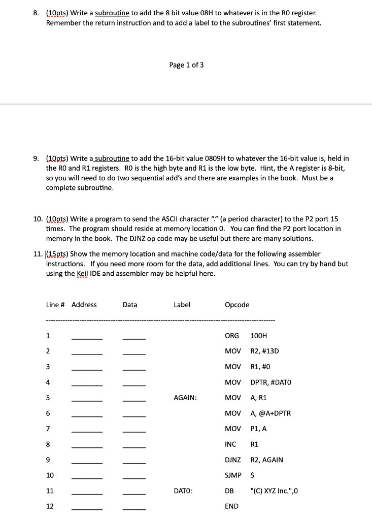8. (10pts) Write a subroutine to add the 8 bit value | Chegg.com
