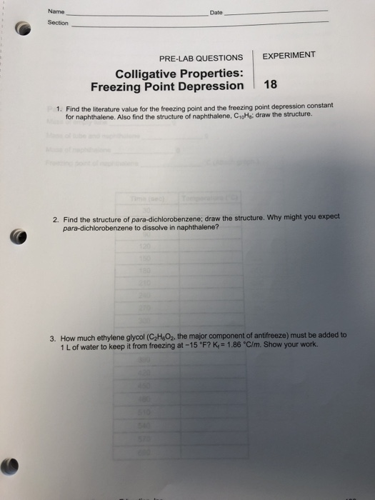 Solved Name Section EXPERIMENT PRE-LAB QUESTIONS Colligative | Chegg.com