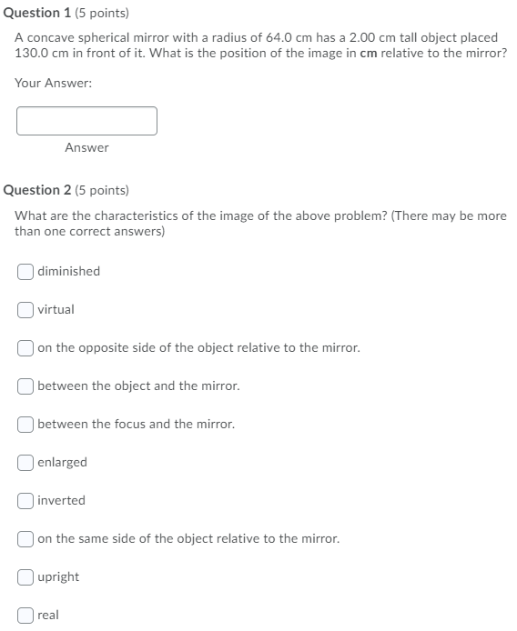 Solved Question 1 (5 points) A concave spherical mirror with | Chegg.com