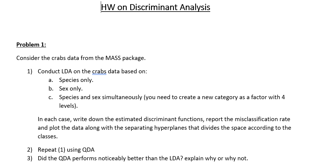 Solved HW on Discriminant Analysis Problem 1: Consider the | Chegg.com