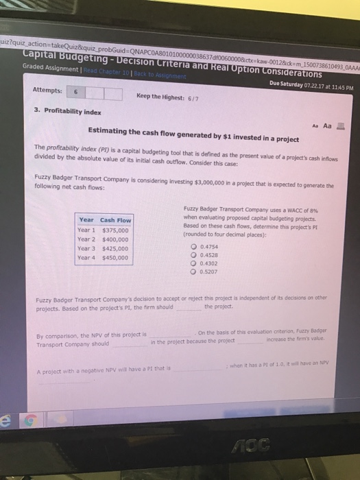 Solved The profitability index (PI) is a capital budgeting | Chegg.com
