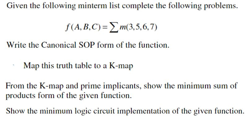 Solved Given the following minterm list complete the | Chegg.com