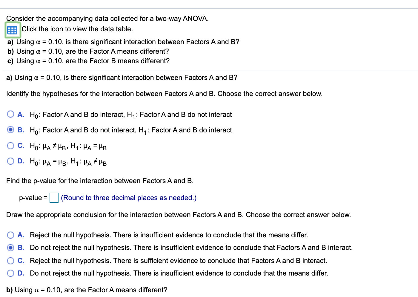 Solved i Data Table Factor A Level 1 Level 3 FactorB Level 1 | Chegg.com