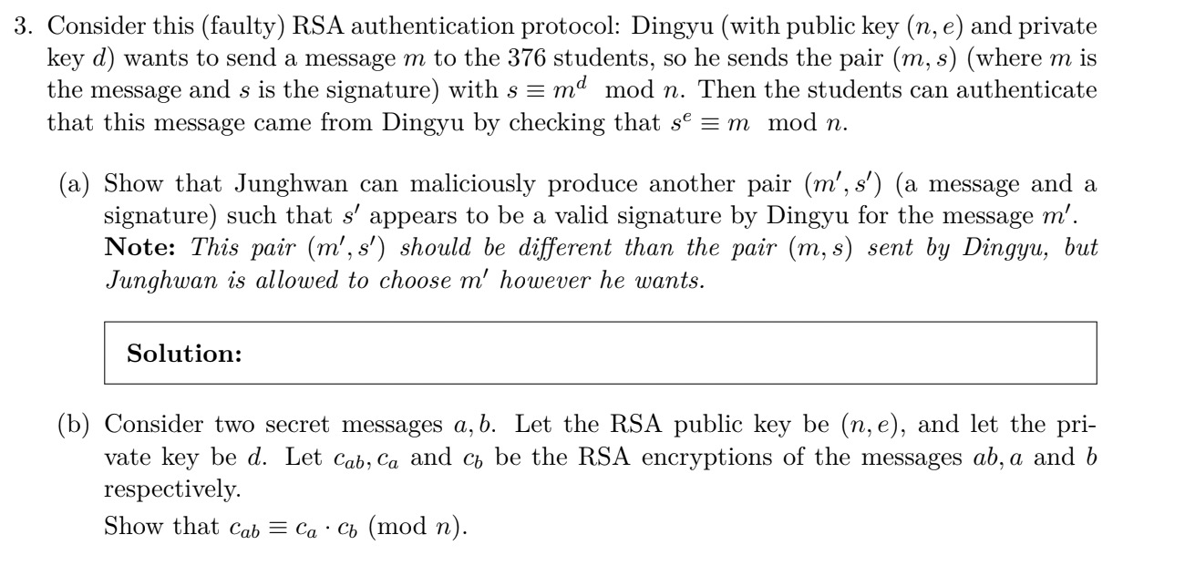 Solved 3. Consider this (faulty) RSA authentication | Chegg.com