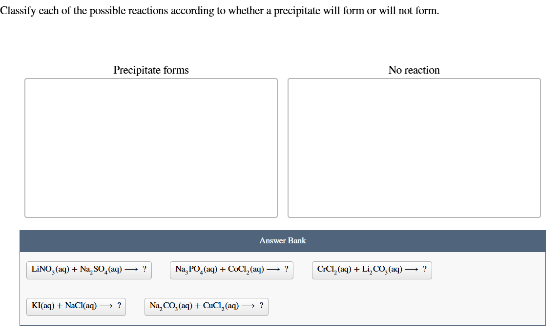Solved Classify each of the possible reactions according to | Chegg.com