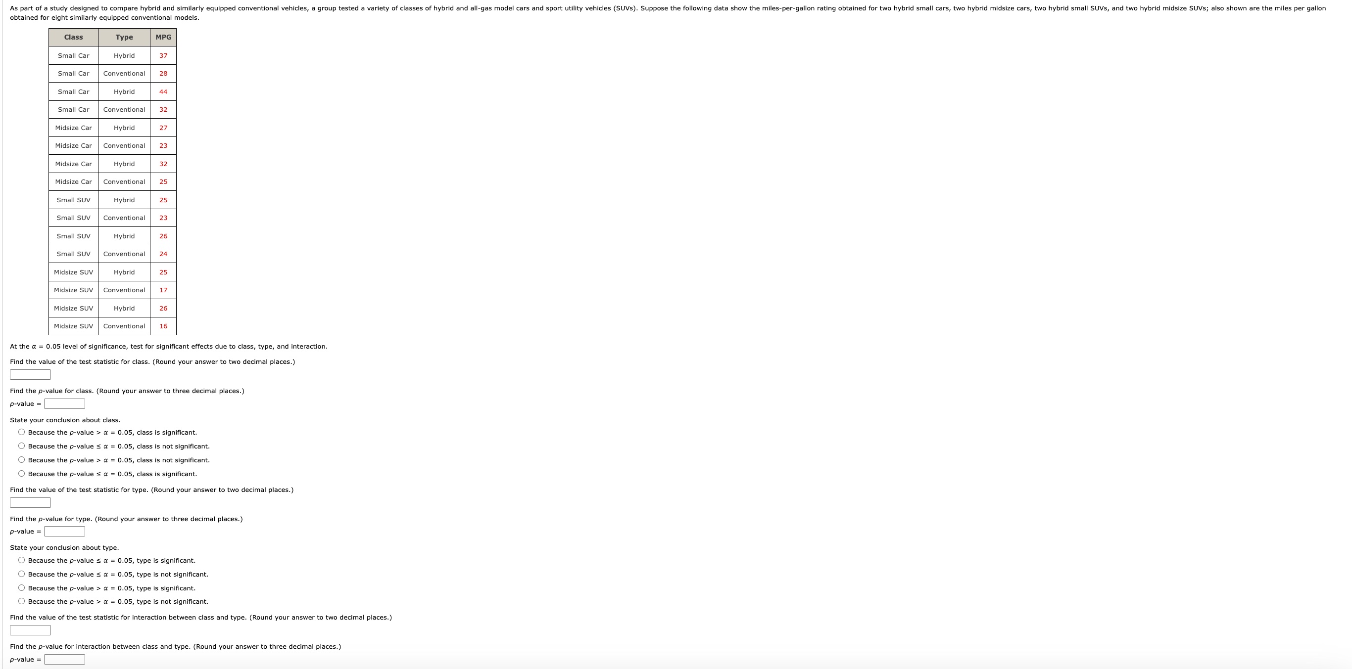 Solved At the α=0.05 level of significance, test for | Chegg.com