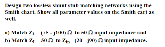 Design two lossless shunt stub matching networks | Chegg.com