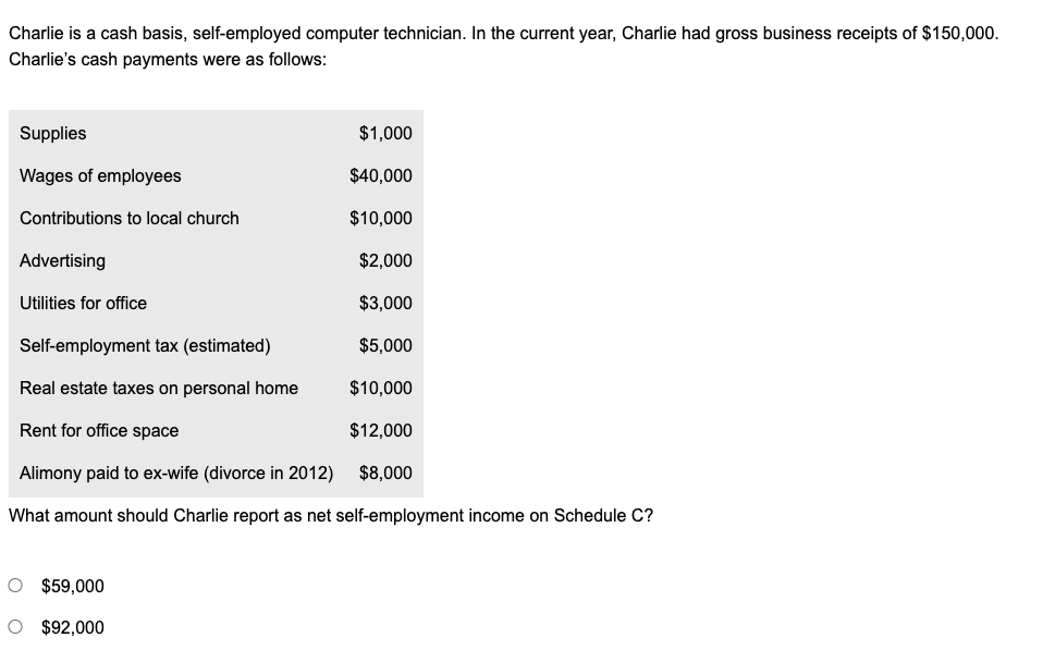 Solved Charlie is a cash basis, self-employed computer | Chegg.com