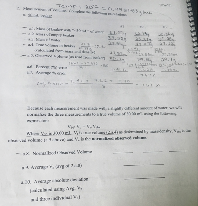Solved Temp aoe.3m UTA-701 Measurement of Volume. Complete | Chegg.com