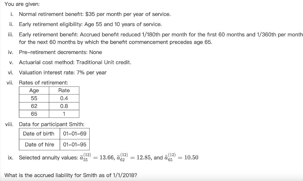 You are given: i. Normal retirement benefit: $35 per | Chegg.com