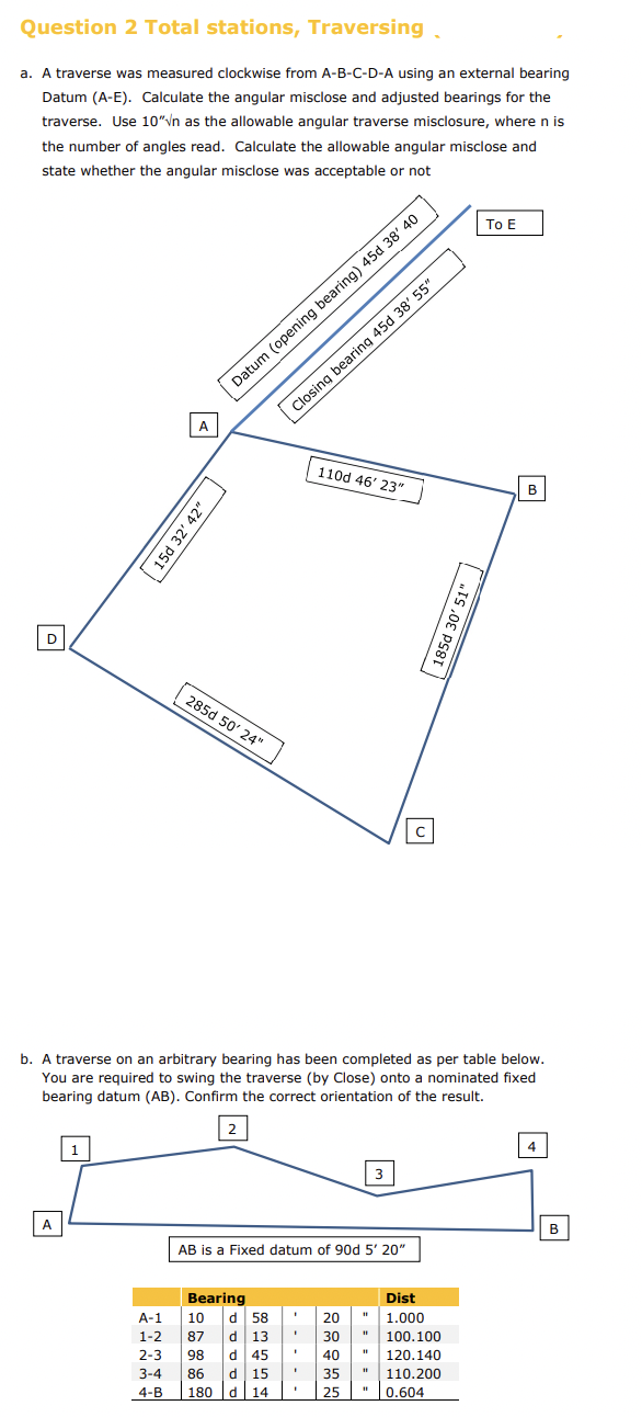 Solved a. A traverse was measured clockwise from A-B-C-D-A | Chegg.com
