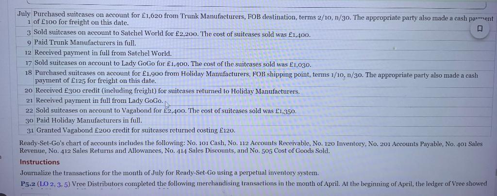Solved P5.1 (LO 2,3) Ready-Set-Go distributes suitcases to | Chegg.com