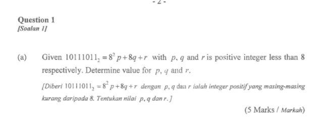Solved a) Given 101110112=82p+8q+r with p,q and r is | Chegg.com