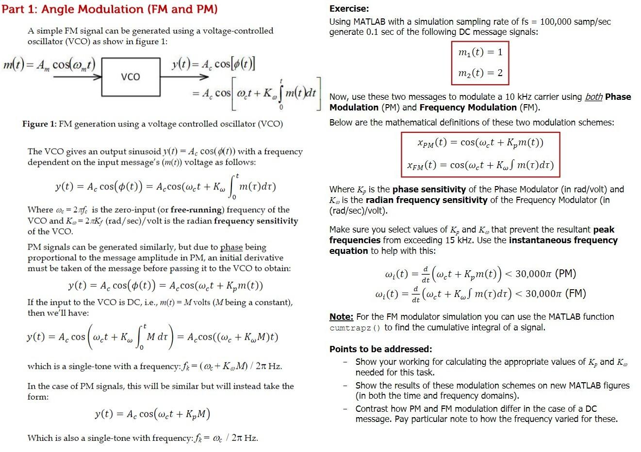 Part 1: Angle Modulation (FM and PM) Exercise: Using | Chegg.com