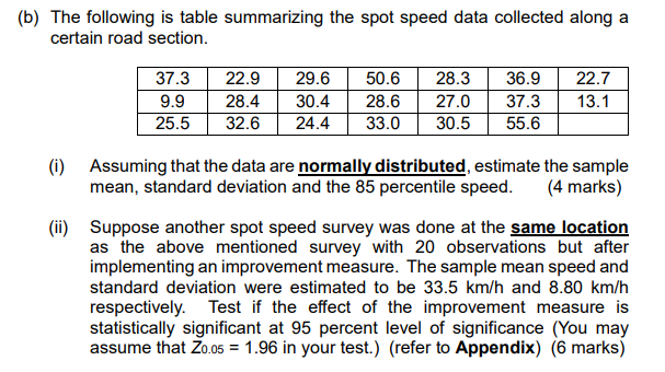 Solved (b) The following is table summarizing the spot speed | Chegg.com