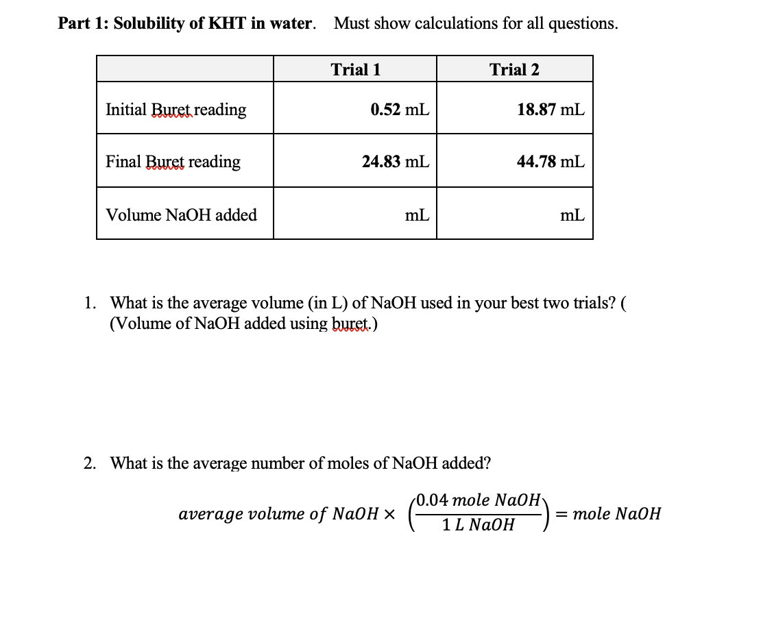 Solved Part 1: Solubility of KHT in water. Must show | Chegg.com
