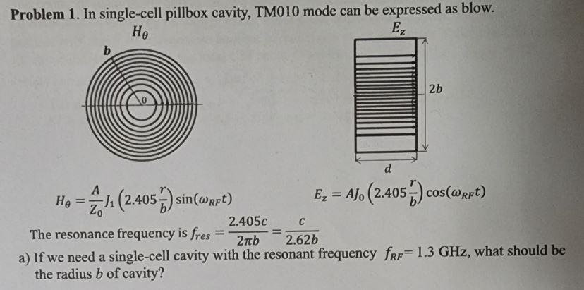 Solved Problem 1. In single-cell pillbox cavity, TM010 mode | Chegg.com