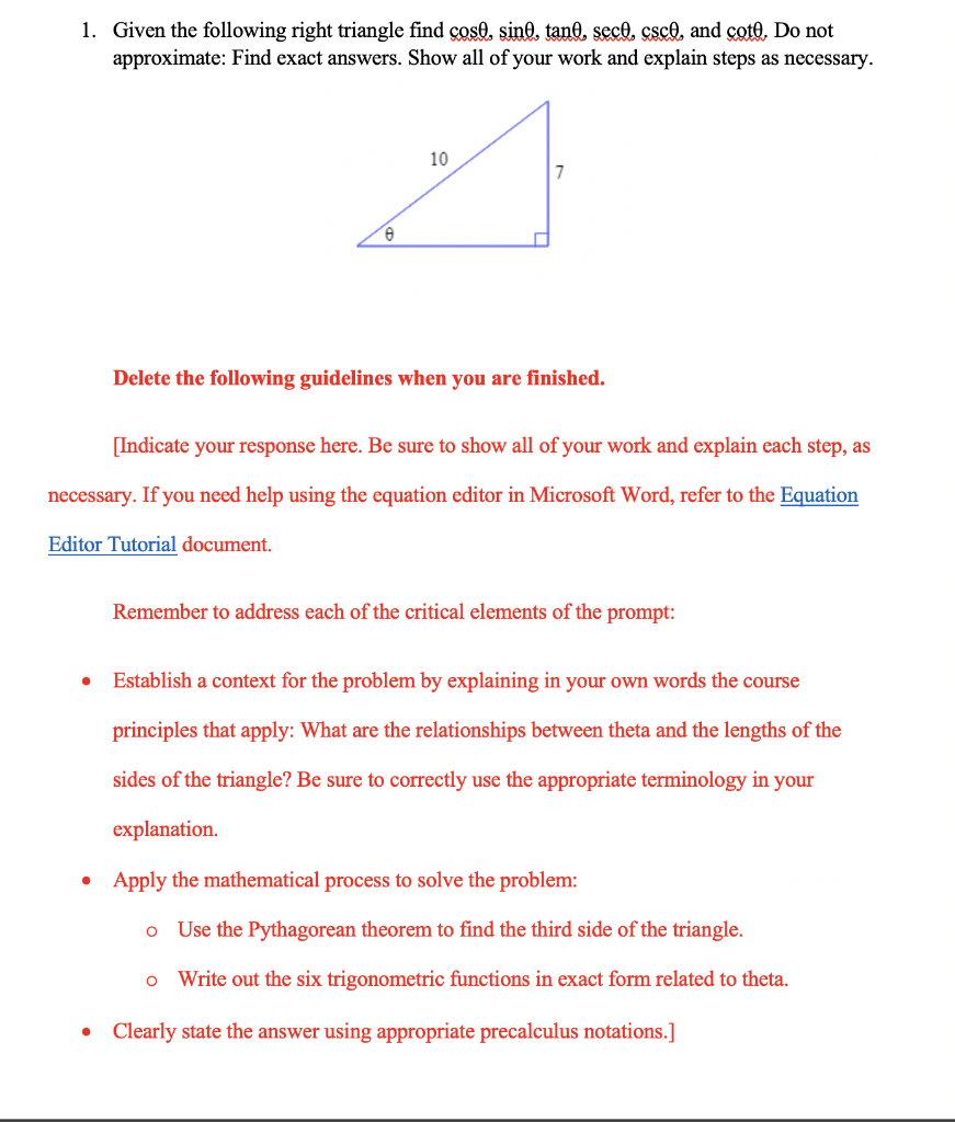Solved 1. Given the following right triangle find coso, | Chegg.com