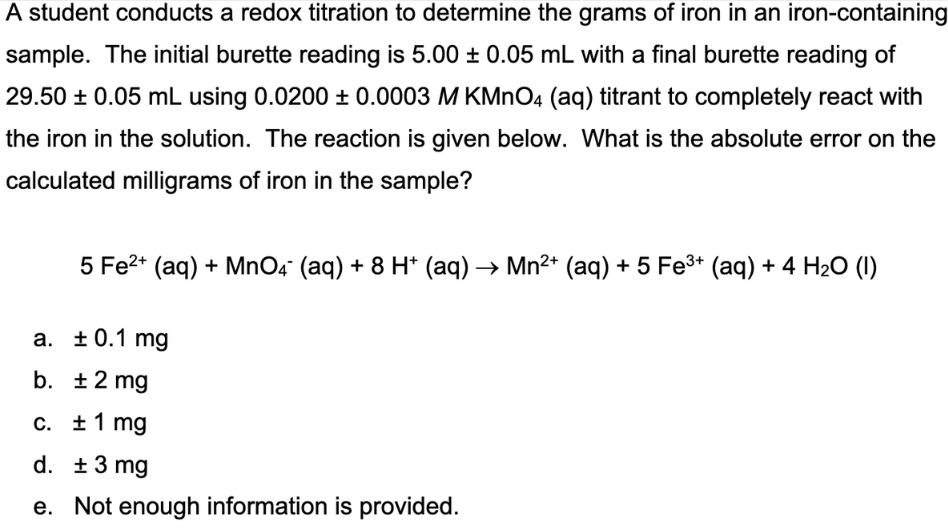 Solved A student conducts a redox titration to determine the | Chegg.com