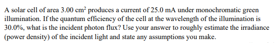 Solved A solar cell of area 3.00 cm2 produces a current of | Chegg.com