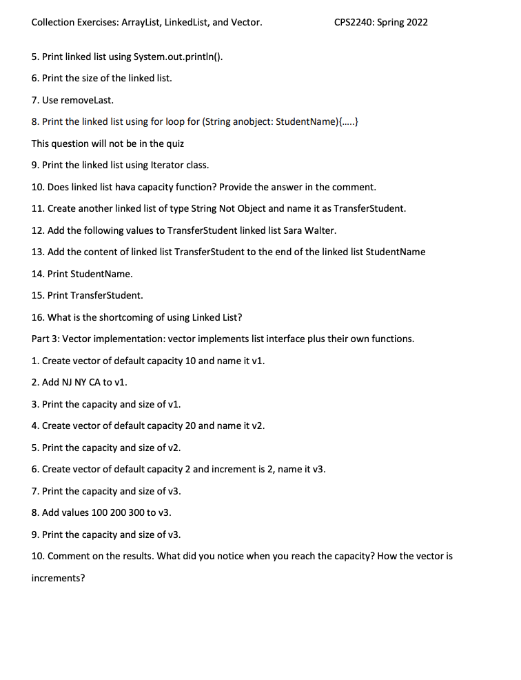 Solved Collection Exercises: ArrayList, LinkedList, and | Chegg.com