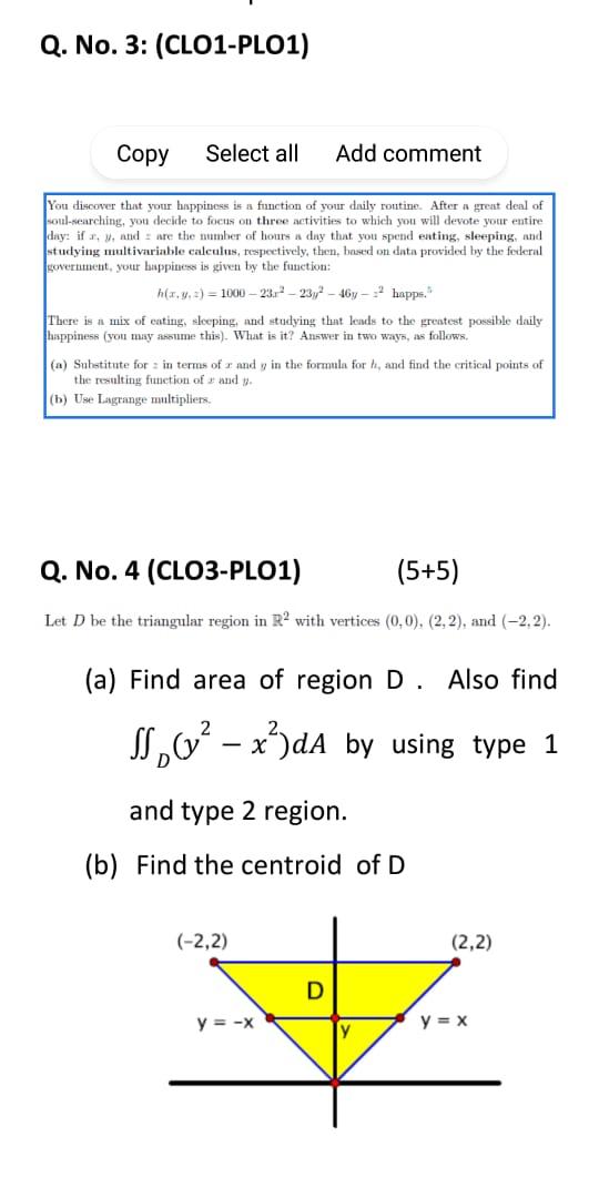 Solved Q. No. 3: (CLO1-PLO1) Copy Select all Add comment You | Chegg.com