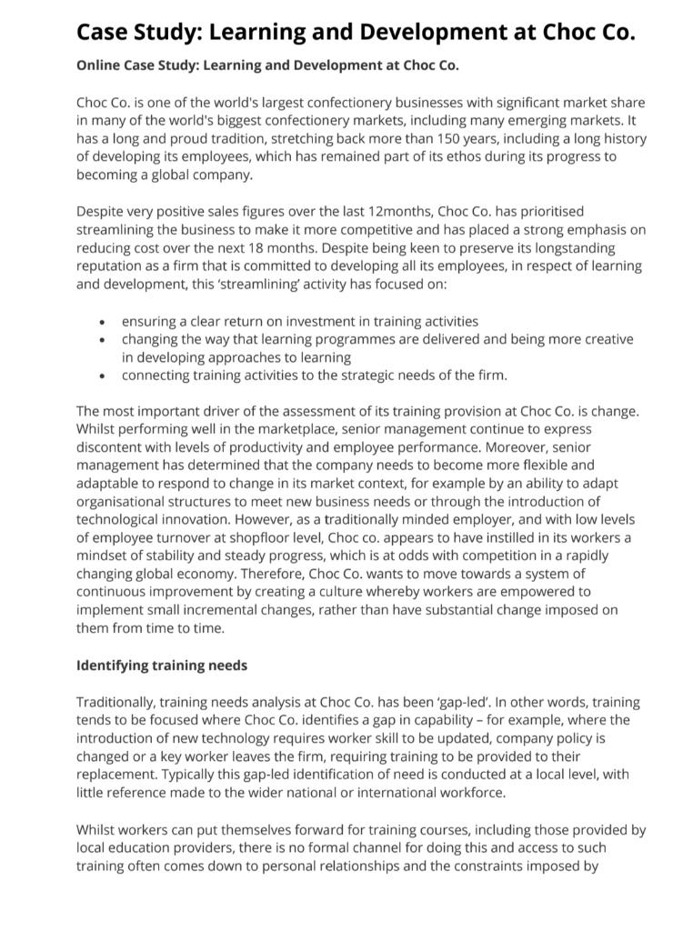 Solved Case Study: Learning and Development at Choc Co. | Chegg.com