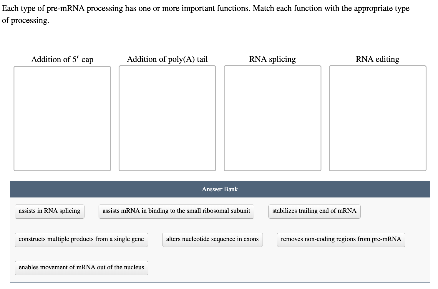 Solved Each type of pre-mRNA processing has one or more | Chegg.com
