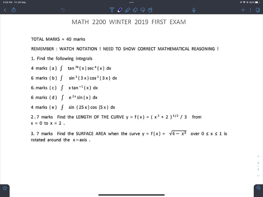 Solved MATH 2200 WINTER 2019 FIRST EXAM TOTAL MARKS =40 | Chegg.com