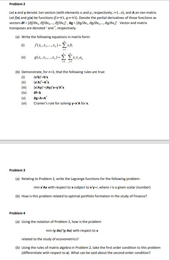 Solved Problem 2 Let x and y denote 1xn vectors (with | Chegg.com