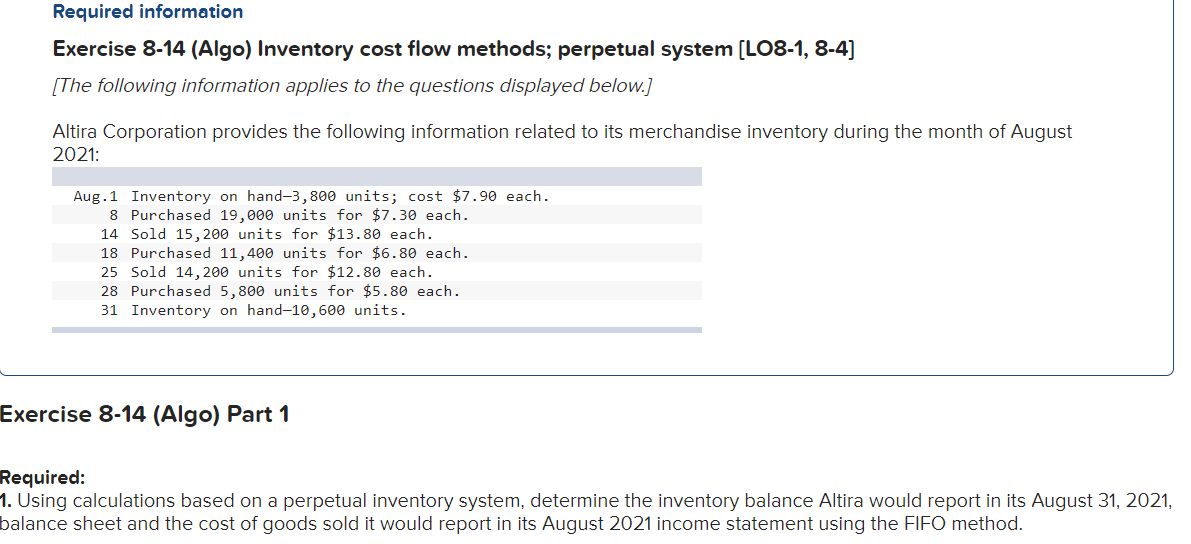 Solved Required information Exercise 8-14 (Algo) Inventory | Chegg.com
