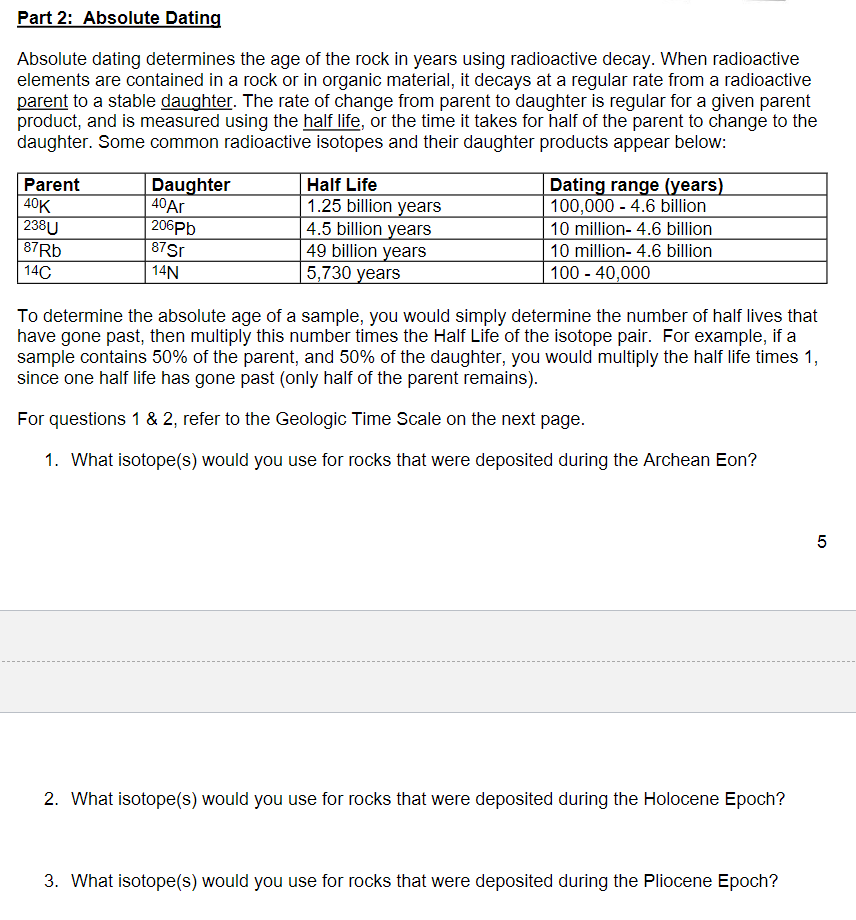 Solved Part 2: Absolute Dating Absolute dating determines | Chegg.com
