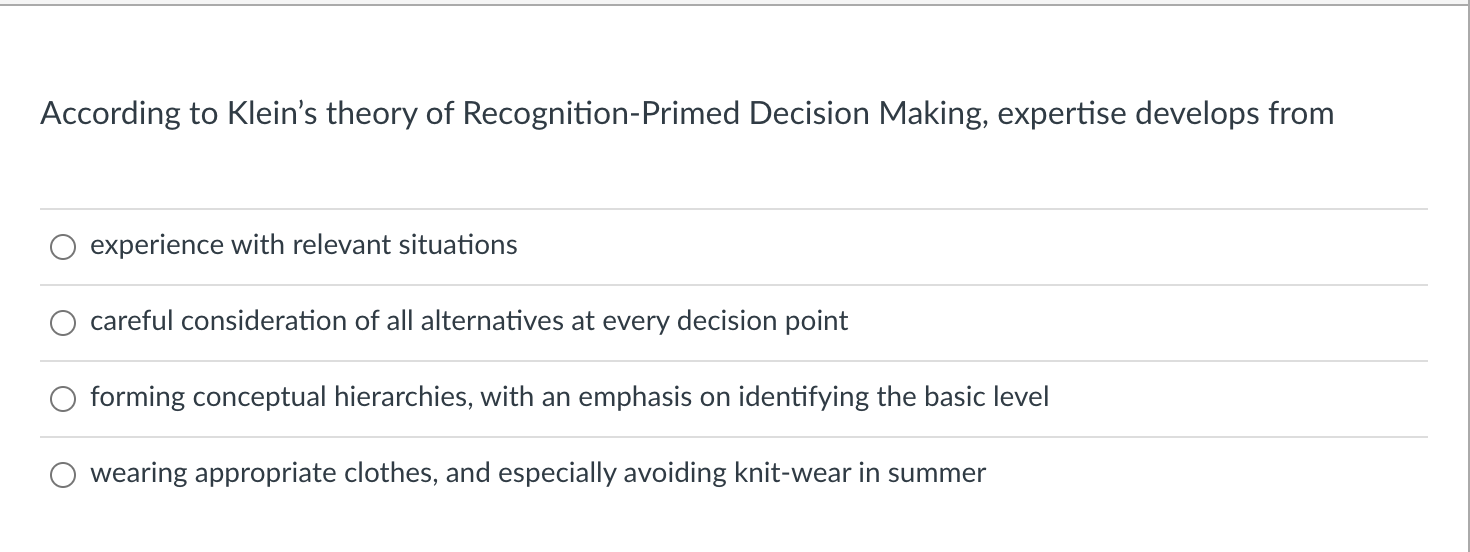 Solved According to Klein’s theory of Recognition-Primed | Chegg.com