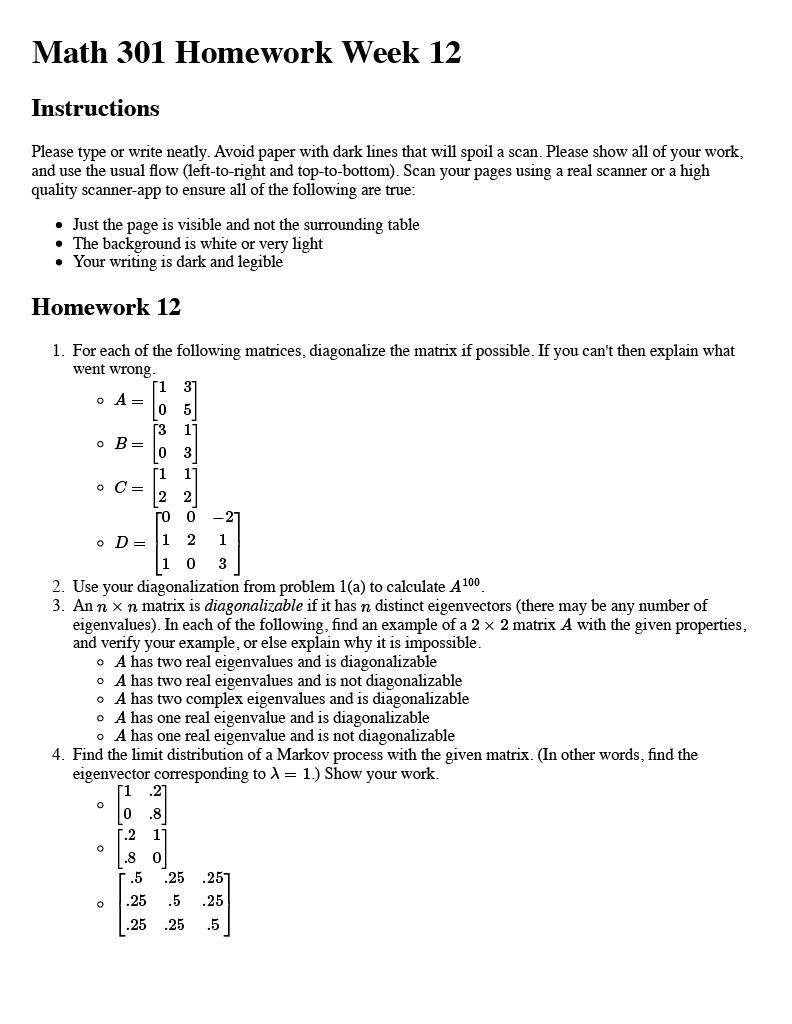 Solved Math 301 Homework Week 12 Instructions Please type or | Chegg.com