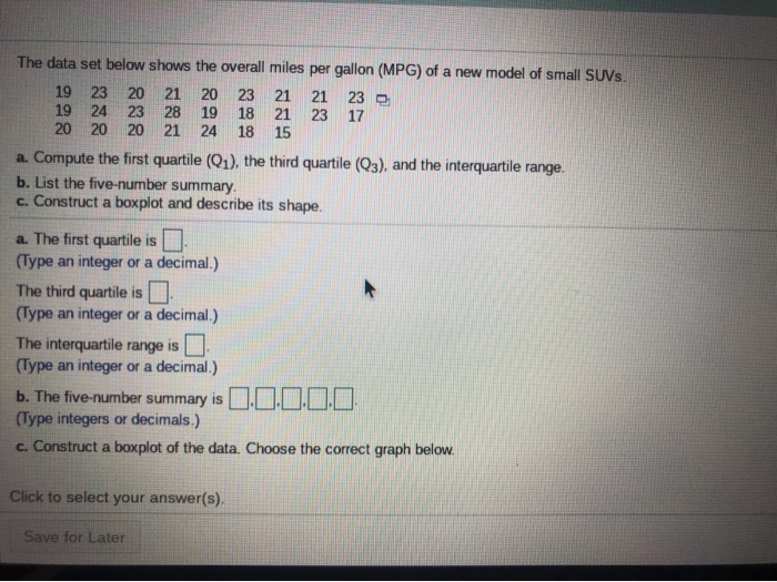Solved The data set below shows the overall miles per gallon | Chegg.com
