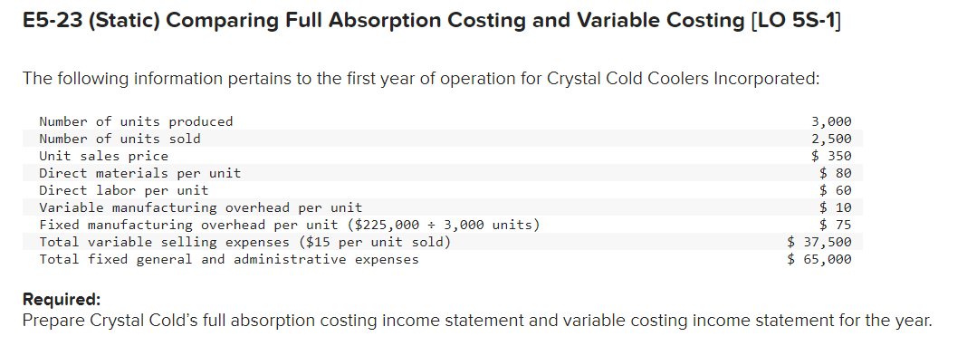 Solved E5-23 (Static) Comparing Full Absorption Costing and | Chegg.com