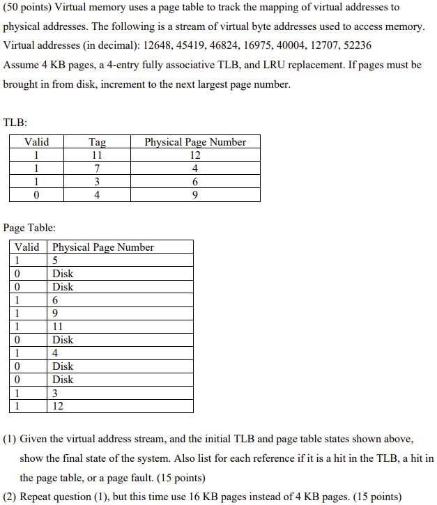 Solved (50 points) Virtual memory uses a page table to track | Chegg.com