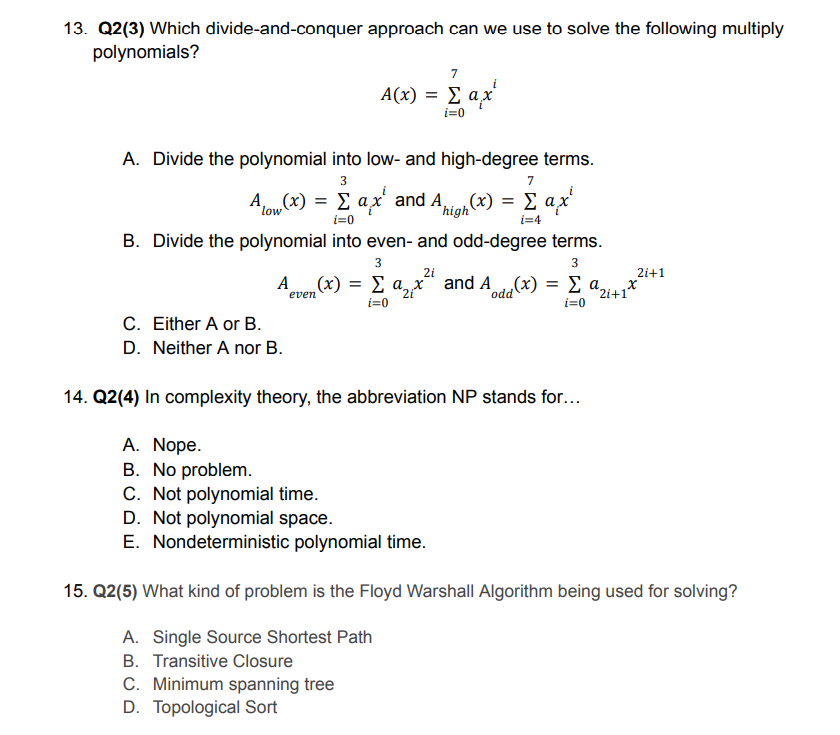 Solved 13. Q2(3) Which divide-and-conquer approach can we | Chegg.com