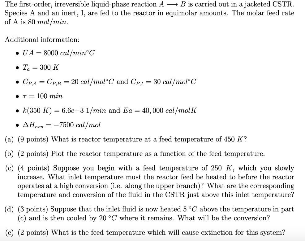 Solved The First Order Irreversible Liquid Phase Reaction