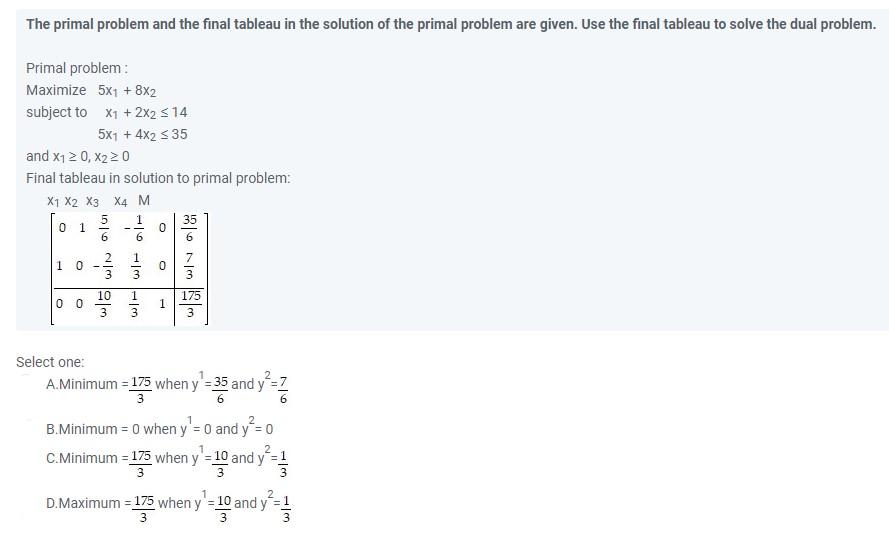 Solved The primal problem and the final tableau in the | Chegg.com