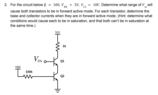 Solved 2. For the circuit below β=100,VBB=5 V,VCC=10 V. | Chegg.com