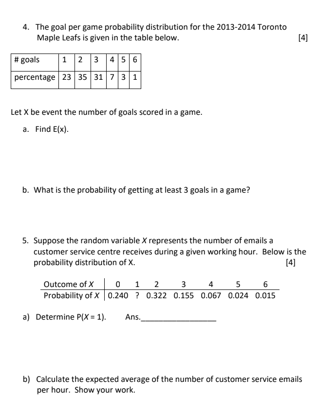4. The goal per game probability distribution for the | Chegg.com