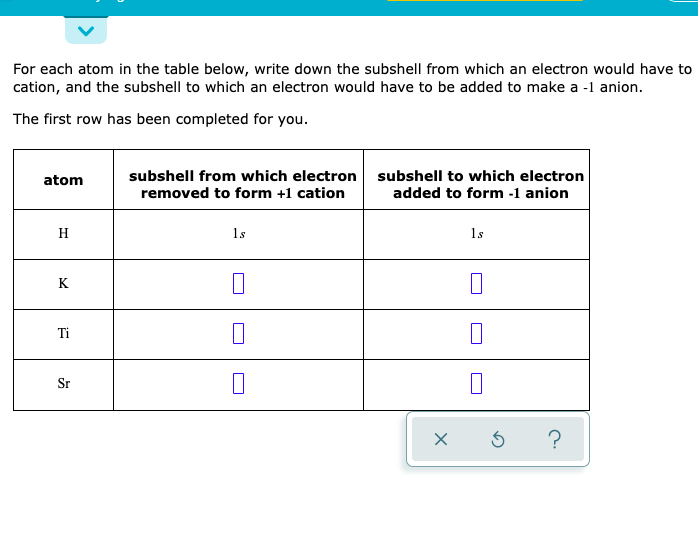 Solved For each atom in the table below, write down the | Chegg.com
