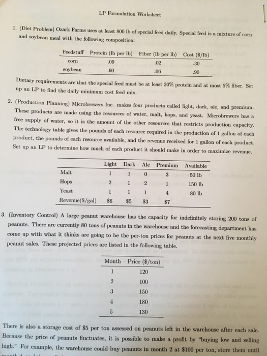 Solved LP Formulation Worksheet 1. (Diet Problem) Ozark | Chegg.com