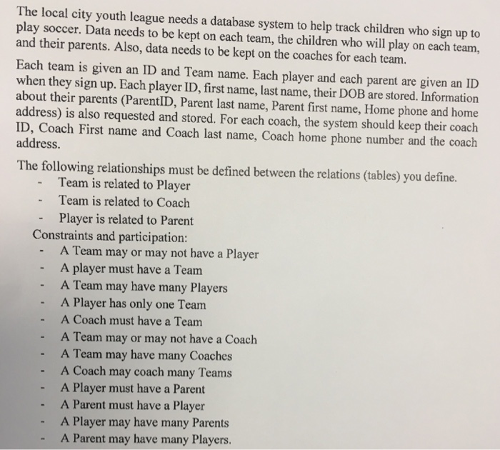Solved The local city youth league needs a database system | Chegg.com