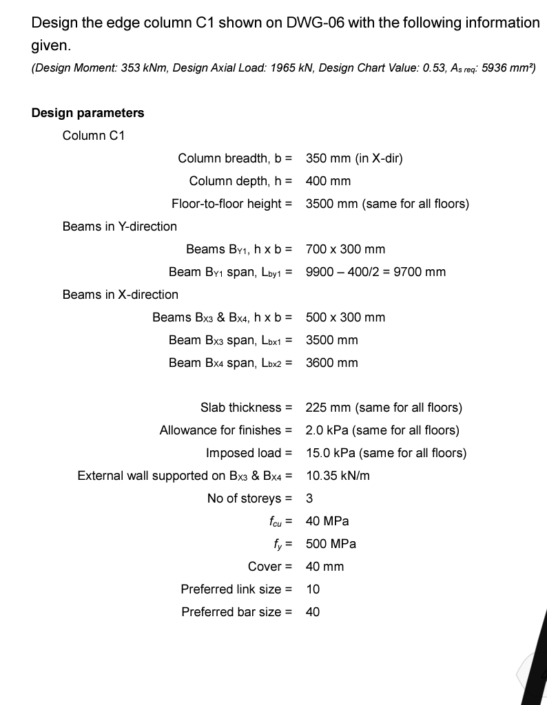 Design the edge column C1 shown on DWG-06 with the | Chegg.com