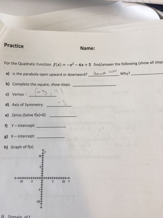 Solved Practice Name: For the Quadratic Function | Chegg.com