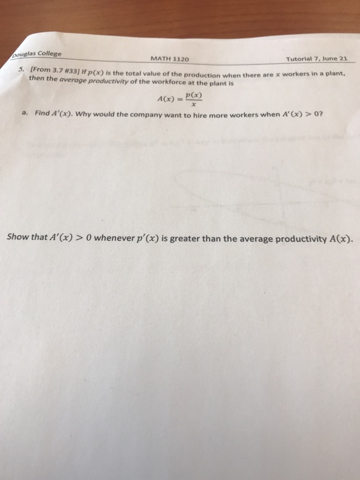 Solved ouglas College MATH 1120 Tutorial 7, June 21 [From | Chegg.com