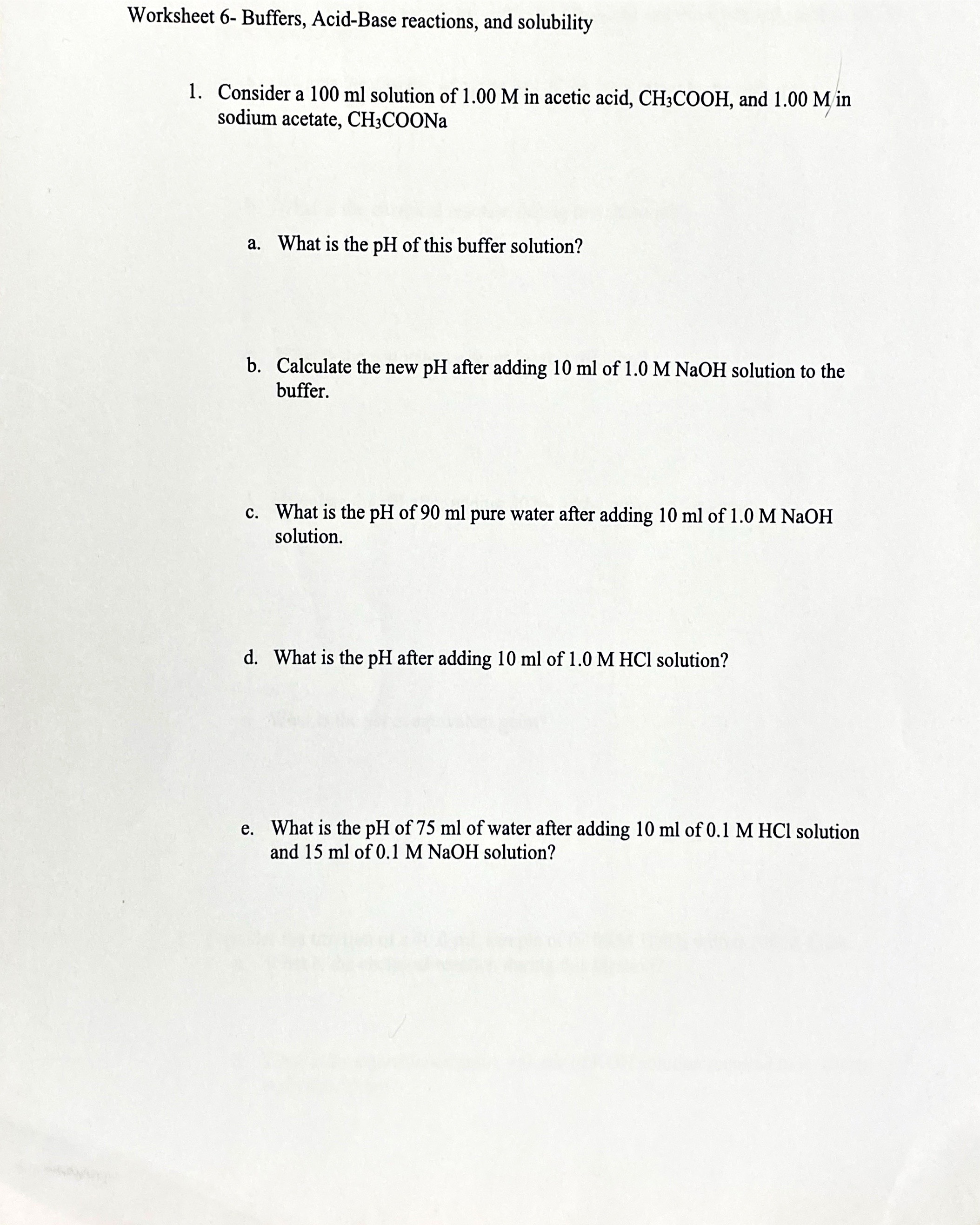 Acid Base Calculations Worksheet