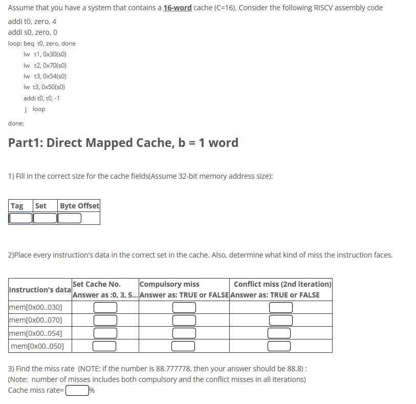 Solved Part1: Direct Mapped Cache, b = 1 ﻿wordFill in the | Chegg.com
